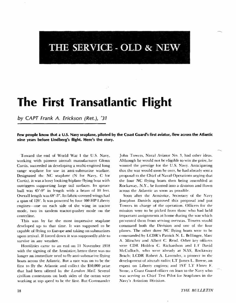 The First Transatlantic Flight – Coast Guard Aviation History
